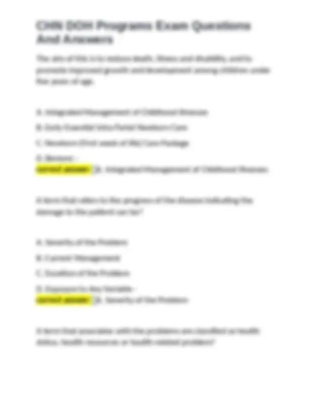 CHN DOH Programs Exam Questions And Answers | Exams Nursing | Docsity