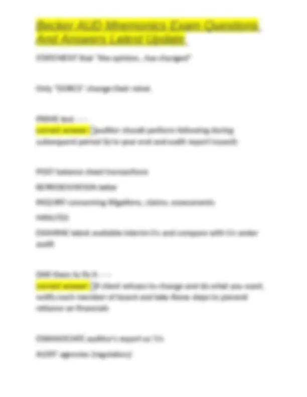 Becker AUD Mnemonics Exam Questions and Answers | Exams Auditing | Docsity
