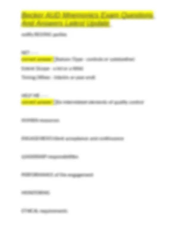 Becker AUD Mnemonics Exam Questions and Answers | Exams Auditing | Docsity
