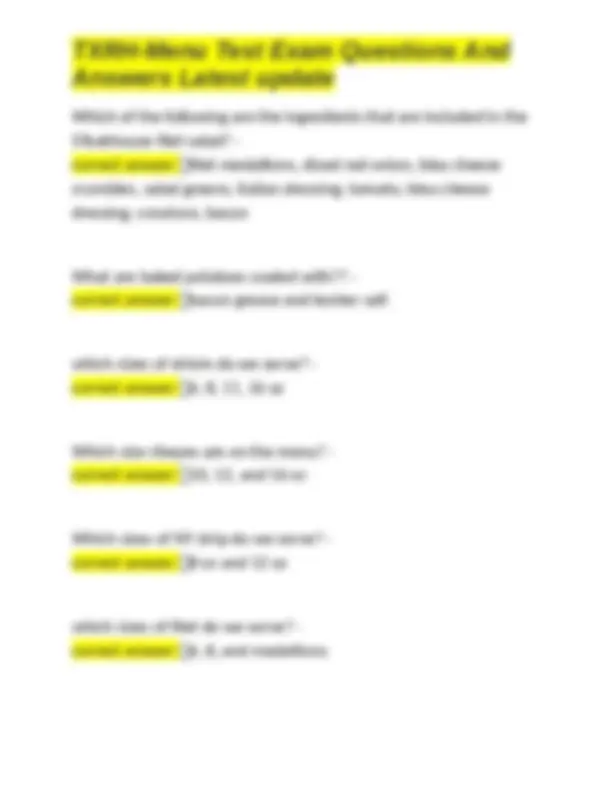 TXRH-Menu Test Exam Questions And Answers | Exams Food science | Docsity