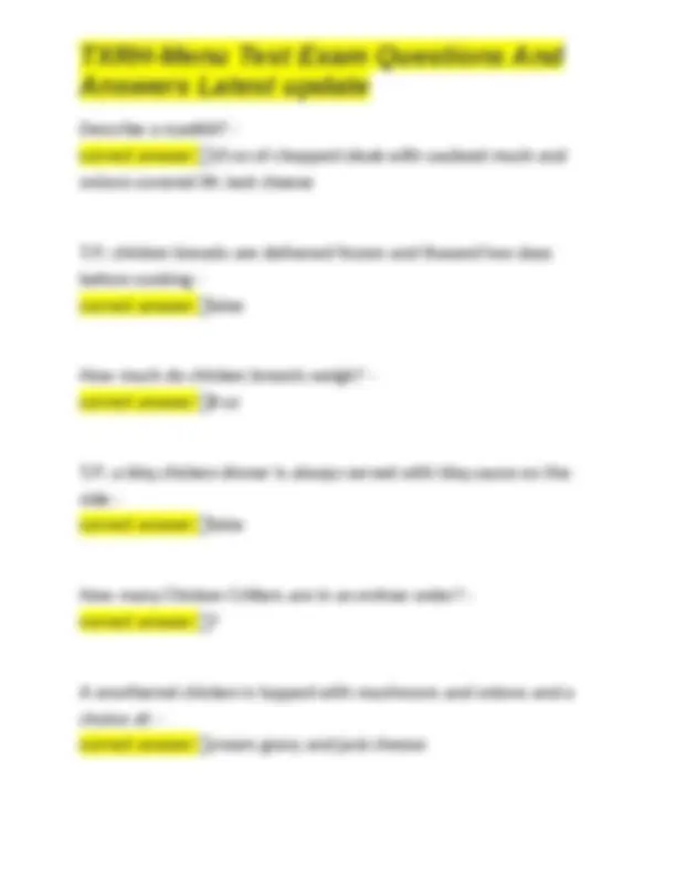 TXRH-Menu Test Exam Questions And Answers | Exams Food science | Docsity