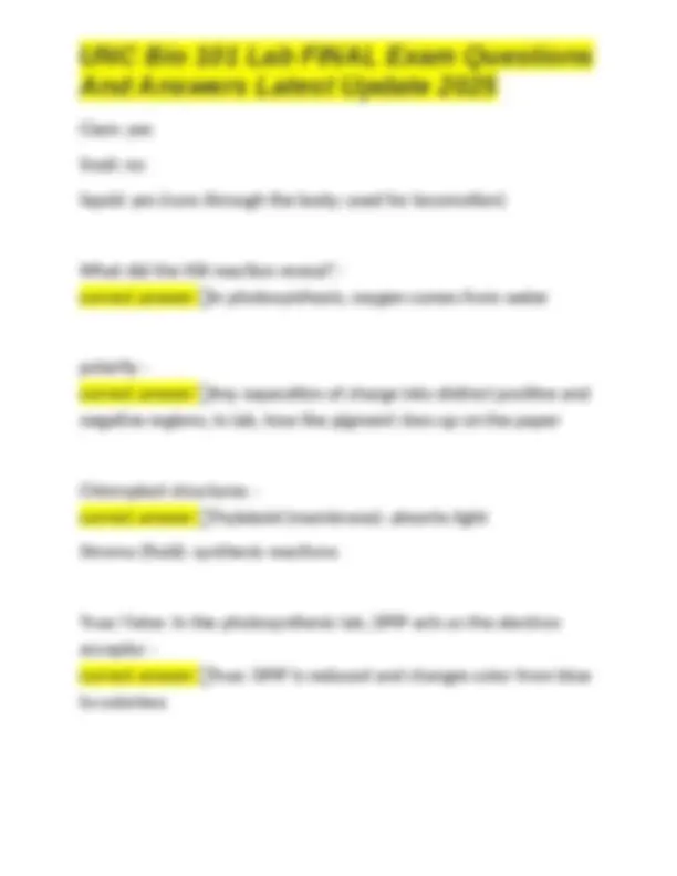 UNC Bio 101 Lab FINAL Exam Questions and Answers | Exams Biology | Docsity