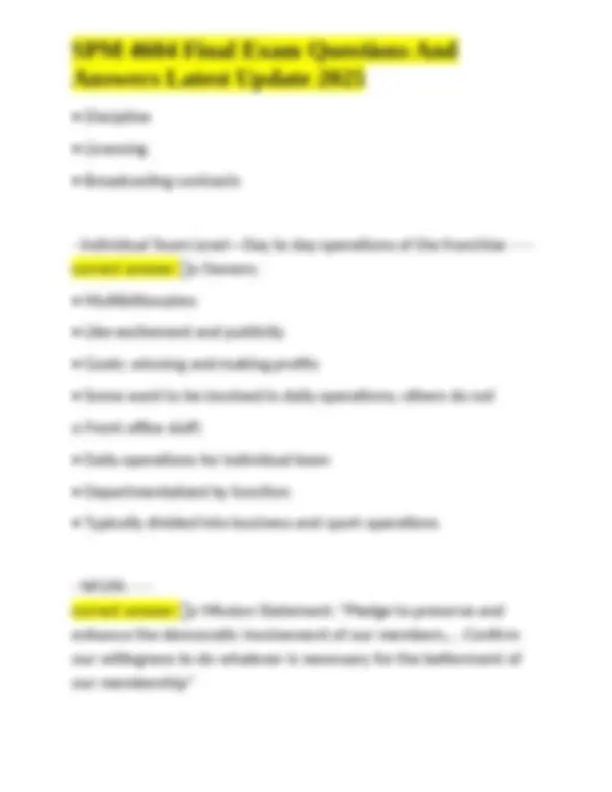 SPM 4604 Final Exam Questions and Answers: Professional Sports in North ...