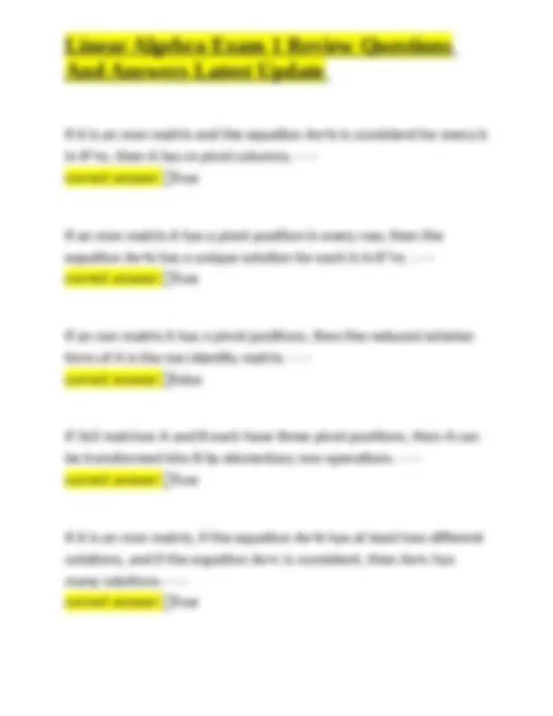 Linear Algebra Exam 1 Review Questions and Answers | Exams Linear Algebra | Docsity