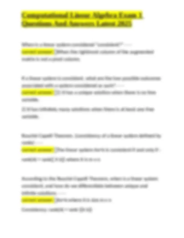 Computational Linear Algebra Exam 1: Questions and Answers | Exams Linear Algebra | Docsity