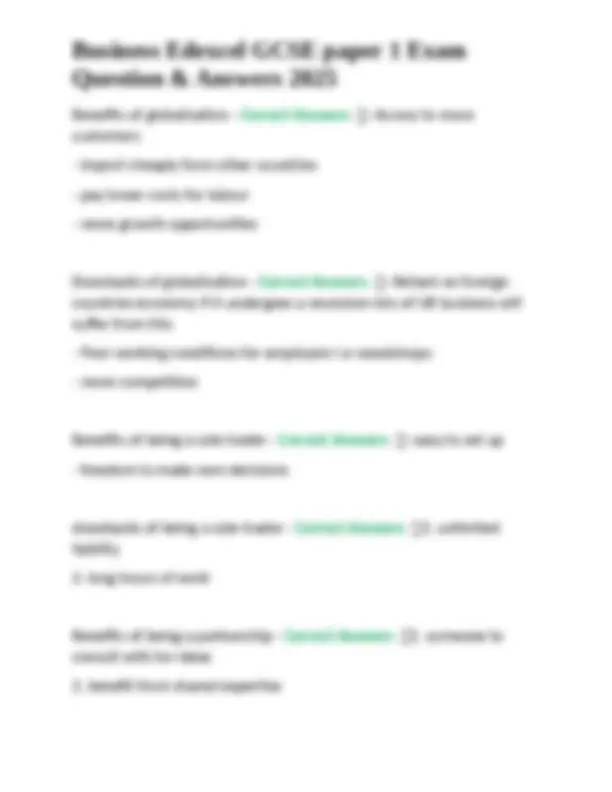 Business Edexcel GCSE paper 1 Exam Question & Answers 2025 | Exams Nursing | Docsity