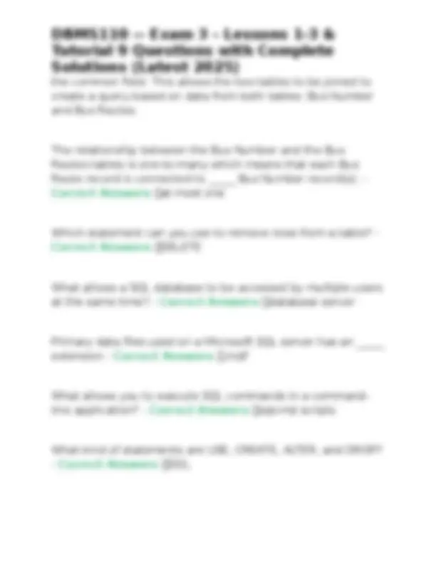 DBMS110 Exam 3: Lessons 1-3 & Tutorial 9 Questions with Complete ...