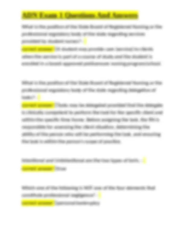 ADN Exam 1 Questions and Answers: Nursing Practice Fundamentals | Exams ...