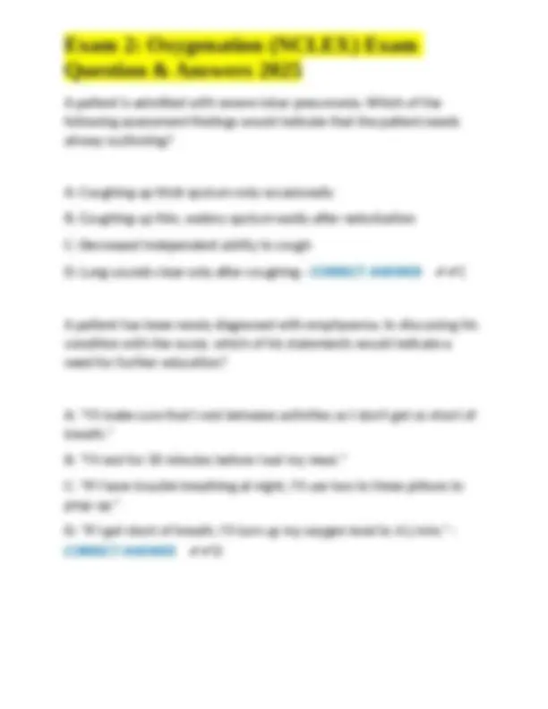 Oxygenation (NCLEX) Exam Questions and Answers | Exams Nursing | Docsity