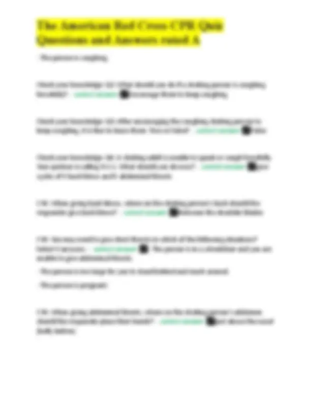 The American Red Cross CPR Quiz Answers rated A. | Exams Nursing | Docsity
