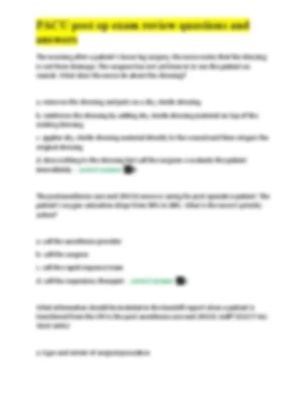 PACU post op exam review questions and answers. | Exercises Nursing | Docsity