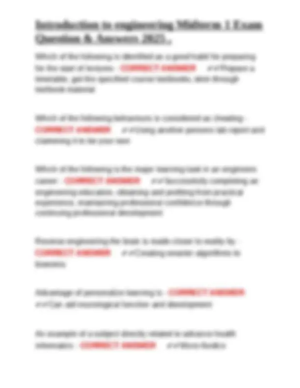 Introduction to engineering Midterm 1 Exam Question & Answers 2025 ...