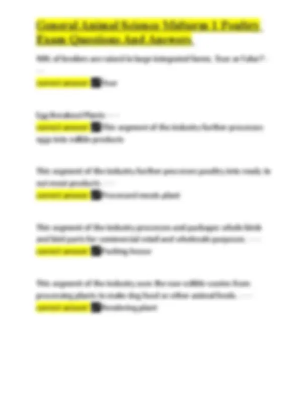 General Animal Science Midterm 1 Poultry Exam Questions And Answers ...
