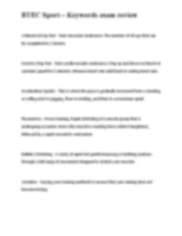 BTEC Sport – Keywords exam review | Exercises Advanced Education | Docsity