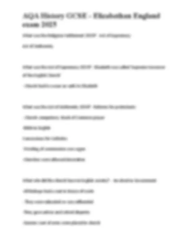 AQA History GCSE - Elizabethan England exam 2025 | Exams History | Docsity