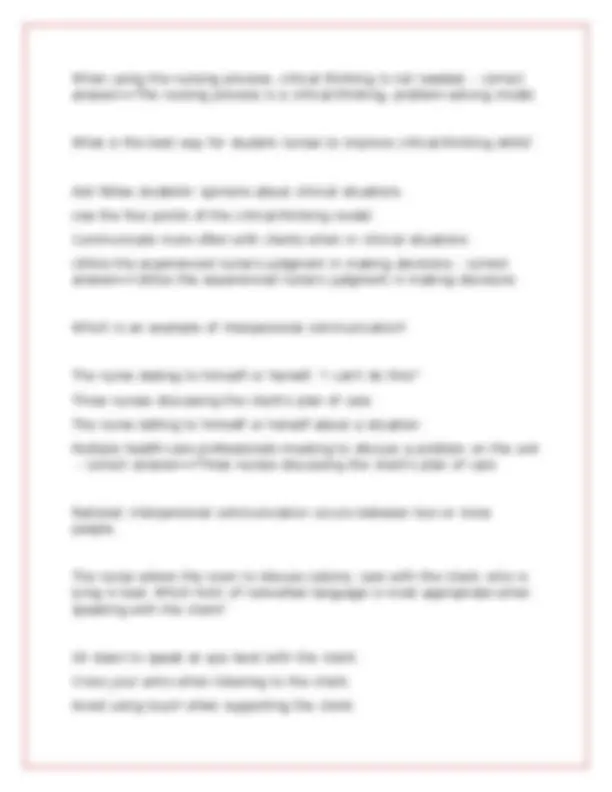 Critical Thinking and Nursing Process Exam Questions | Exams Nursing | Docsity