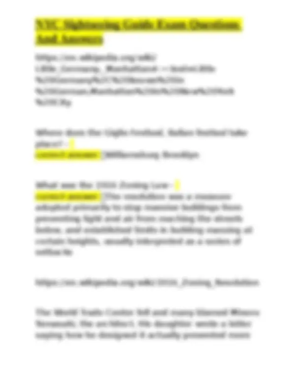 NYC Sightseeing Guide Exam: Questions and Answers | Exams History | Docsity