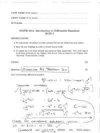 Quiz 3 with Solutions - Introduction to Differentials Equations | MATH 2214 - Docsity