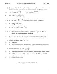 10 Questions of Calculus I - Final Exam Fall 1996 | MATH 140 - Docsity