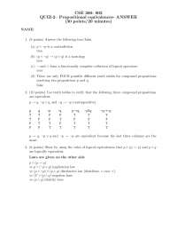 Propositional Equivalences - Discrete Structures - Quiz 2 | CSE 260 - Docsity