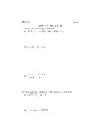 Test 1 Questions - College Algebra | MATH 1111 | Exams Algebra - Docsity