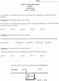 Final Exam - Fluid Mechanics - Fall 2003 | MAE 341 - Docsity