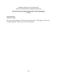 Manufacturing Processes and Engineering - Final Exam | ME 4210 - Docsity