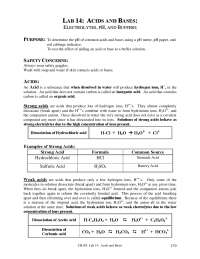 Acids and Bases: Electrolytes, pH and Buffers - Lab 14 | CH 105 - Docsity