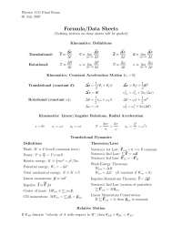 Formula/Data Sheets for Physics Final Exam, July 2007 | PHYS 1111 - Docsity