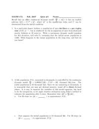 Quiz 5 Questions for Mathematical Modeling Life Science - Fall 2007 ...