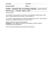 Mid Term Exam for Computer Organization and Assembly Language Programme | CS 061 - Docsity