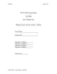 Practice Problems for Midterm Exam - Logic Design | CS 120A - Docsity