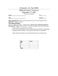 Midterm Exam 1A with Solutions for General Chemistry | CHEM 1A - Docsity