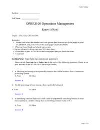 Operations Management - Exam One Answer Key | OPER 3100 - Docsity