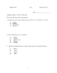 Test One Answers Key - General Chemistry | CHEM 1035 - Docsity