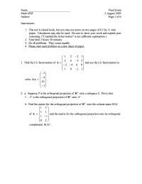 Unsolved Final Exam for Linear Algebra | MATH 4305 - Docsity