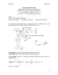 Final Exam Paper - Dynamic System and Control | MEEN 364 | Exams Mechanical Engineering | Docsity