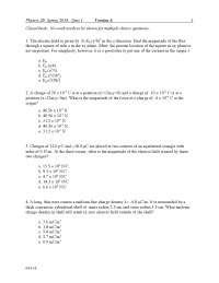 Quiz 1A with Answer Key | Electricity and Magnetism | PHYS 2B - Docsity
