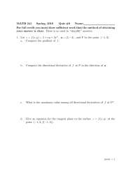 Questions on Vector Calculus - Quiz Six | MATH 241 - Docsity