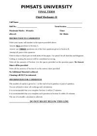 Fluid Mechanics - Exam Paper Final term - Docsity