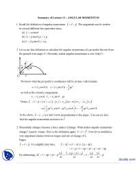 Definition Of Angular Momentum-Classical Physics-Handouts-Classical Physics-Handouts - Docsity