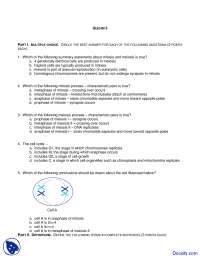 Mitosis and Meiosis - Principles of Biology - Quiz - Docsity