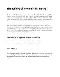 The Benefits of Whole Brain Thinking - Brain - Lecture Handout - Docsity