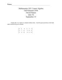 Pivot Columns - Linear Algebra - Quiz - Docsity