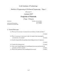 Microstructure of Metals - Properties of Materials - Exam - Docsity