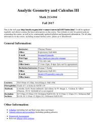 Syllabus for Analytic Geometry and Calculus III | MATH 213 - Docsity