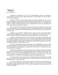 Hiya: Filipino Modern Essay Story - Docsity