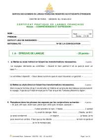 Épreuve de langue. Certificat pratique de langue française - Docsity