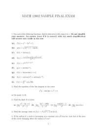 Limits, Derivatives, Integrals Sample Final Exam: 10 Questions | MATH 12002 | Exams Analytical ...