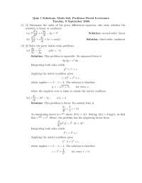 Differential Equations for Engineers, Scientists - Solutions to Quiz 1 | MATH 246 - Docsity